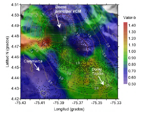 Variación espacio-temporal del valor b en el Volcán Cerro Machín, Colombia