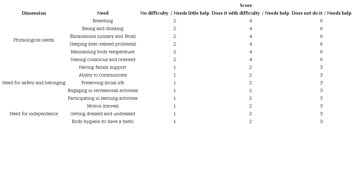 Preparation of a Scale for Assessing Nursing Care Needs in Dependent People